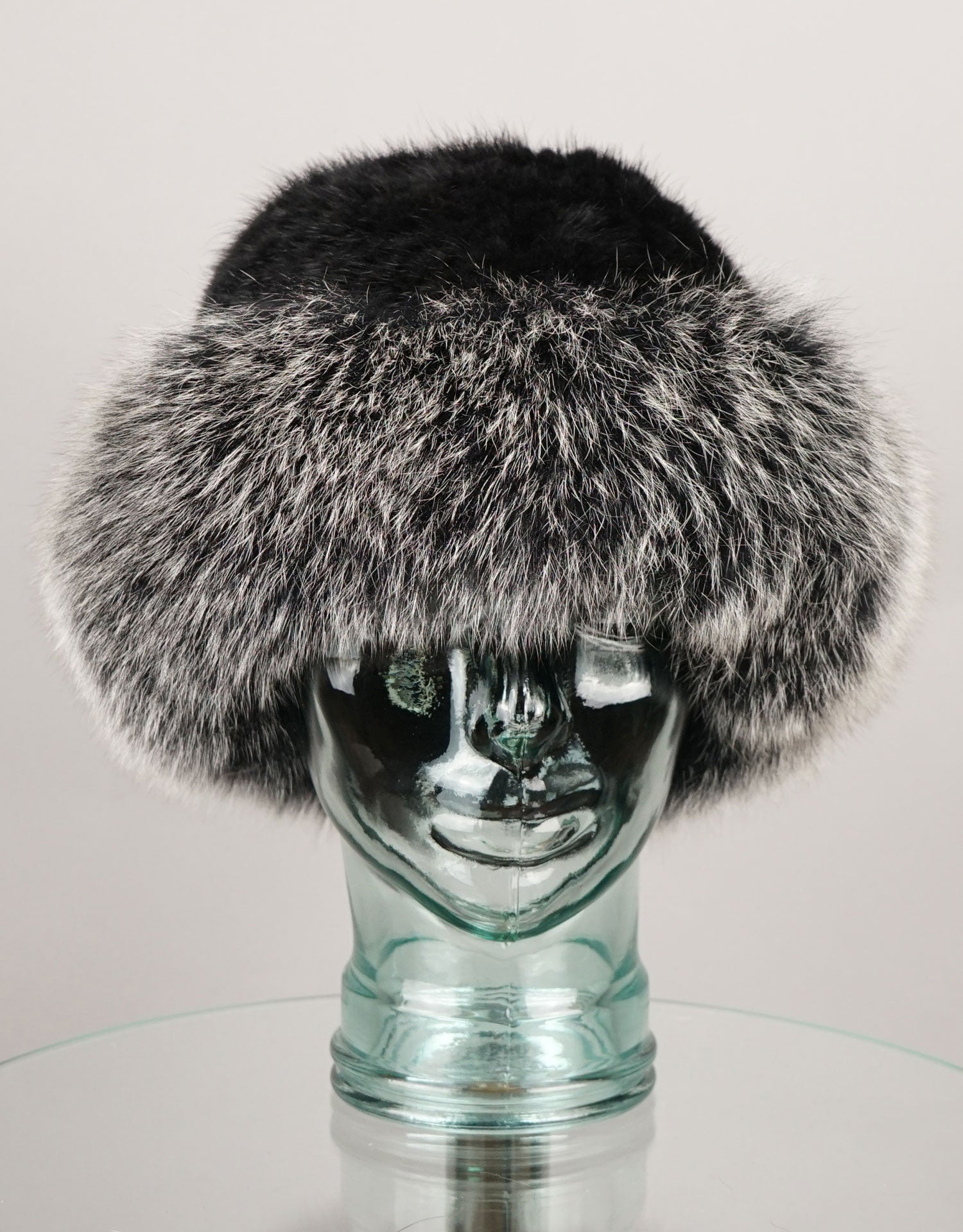 Hand woven Mink hat with Fox Trim - Black Frost - Snowflake