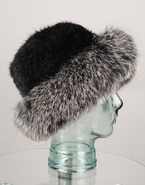 Hand woven Mink hat with Fox Trim - Black Frost - Snowflake