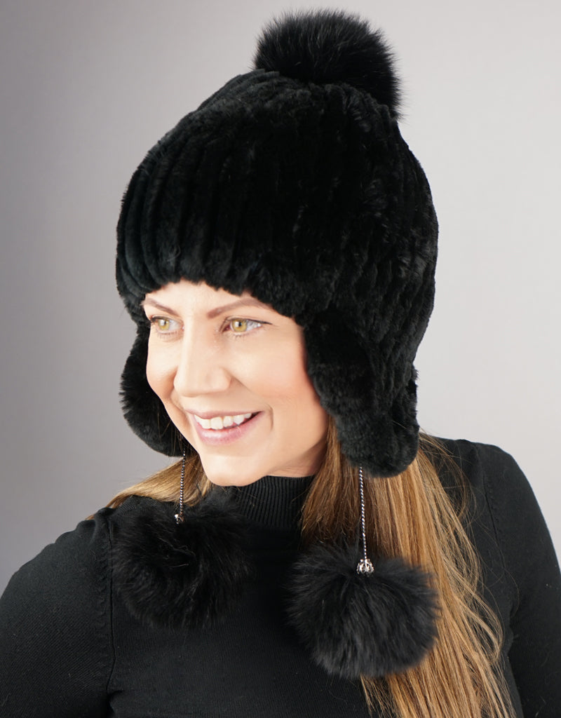 Novel Tri-Pom Stretch Rex Hat - Black - Snowflake