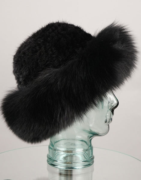 Hand woven Mink hat with Fox Trim - Black - Snowflake