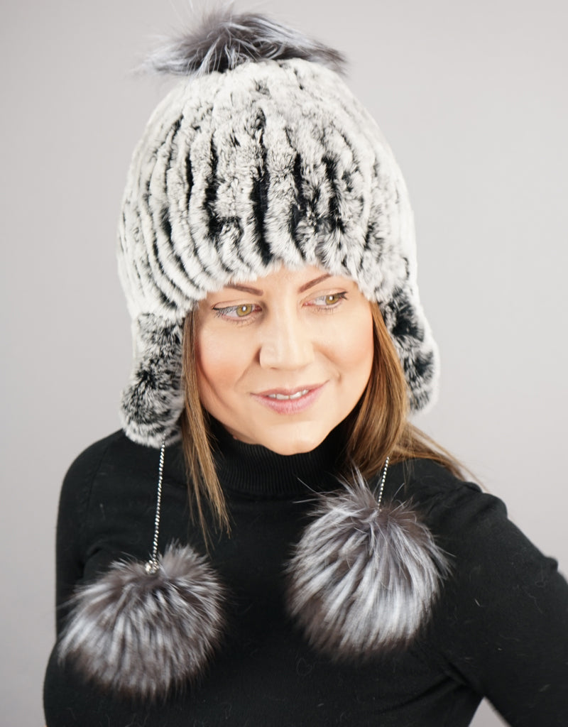 Novel Tri-Pom Stretch Rex Hat - Black Snow - Snowflake