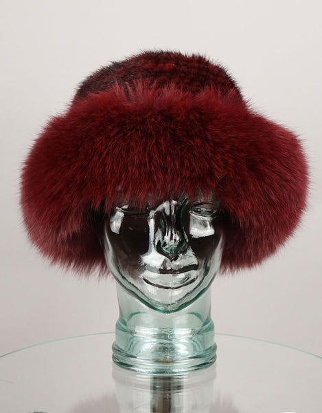 Hand woven Mink hat with Fox Trim - Burgundy - Snowflake
