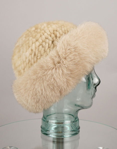 Hand woven Mink hat with Fox Trim - Pearl - Snowflake