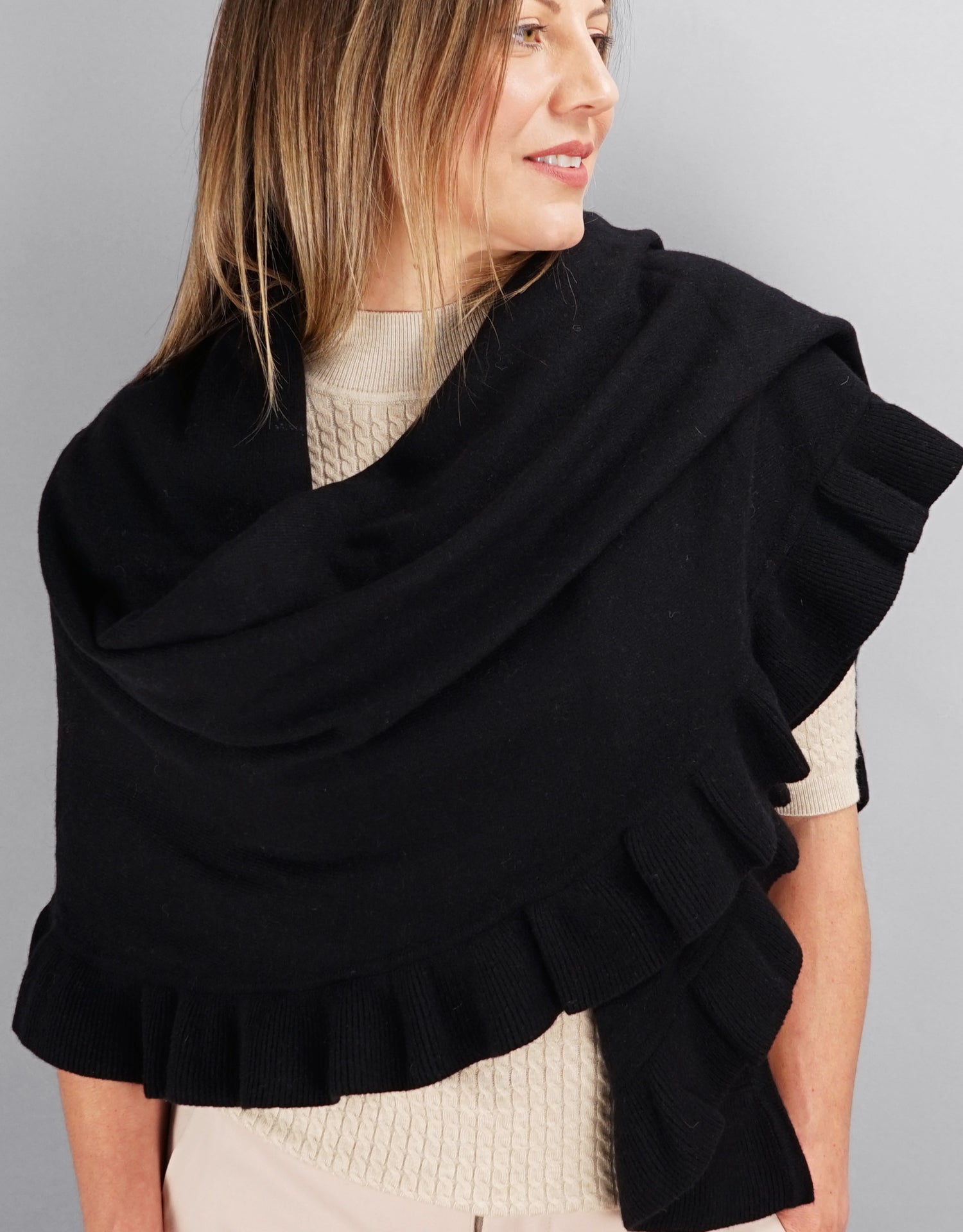 Beautiful Cashmere Ruffle Shawl- Black - Snowflake