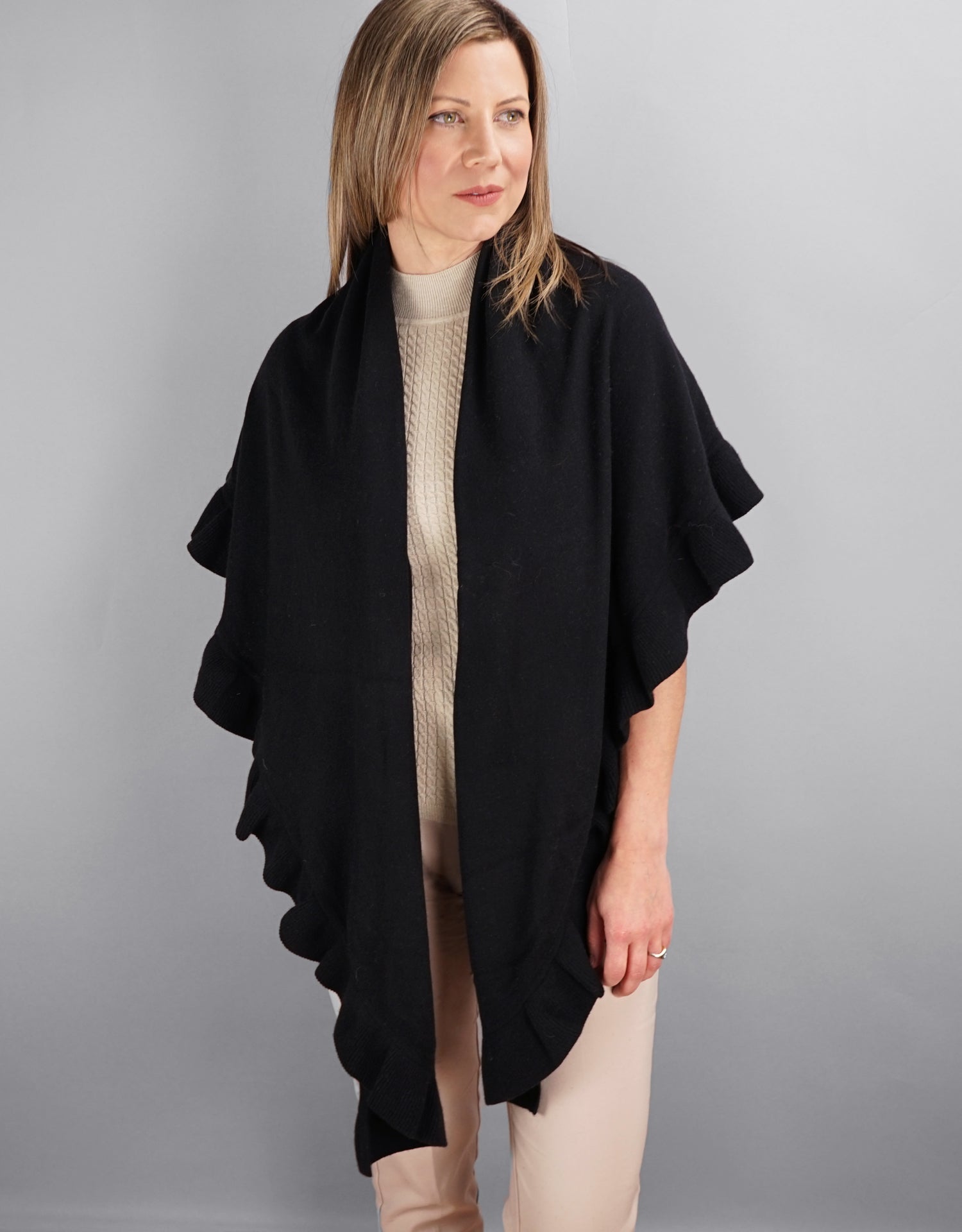 Beautiful Cashmere Ruffle Shawl- Black - Snowflake