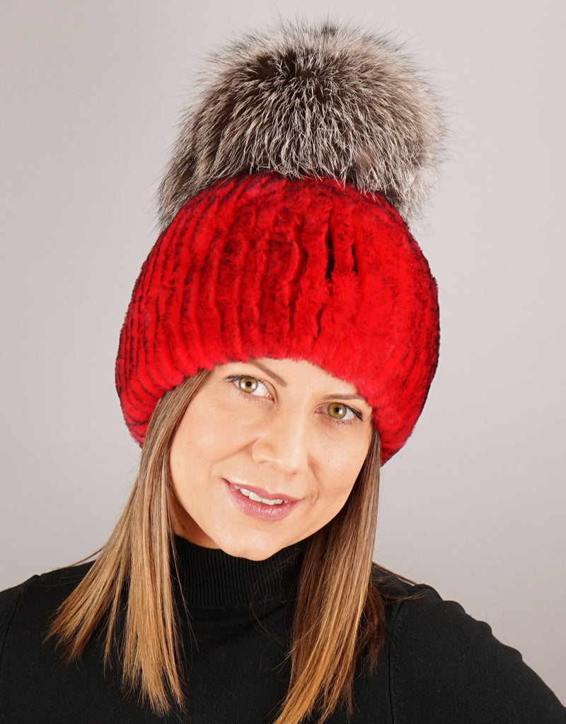 Oversize Pom Pom Stretch Rex Hat - Red Silver - Snowflake