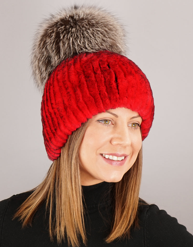 Oversize Pom Pom Stretch Rex Hat - Red Silver - Snowflake